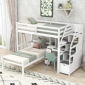 ODC Twin Over Twin Bunk Bed with Desk,Multifunctional Twin Size Loft Bed with a Platform Twin Bed and Storage Staircase, Solid Wood Loft Bed Frame with Shelves/Drawers for Kids Teens Adults