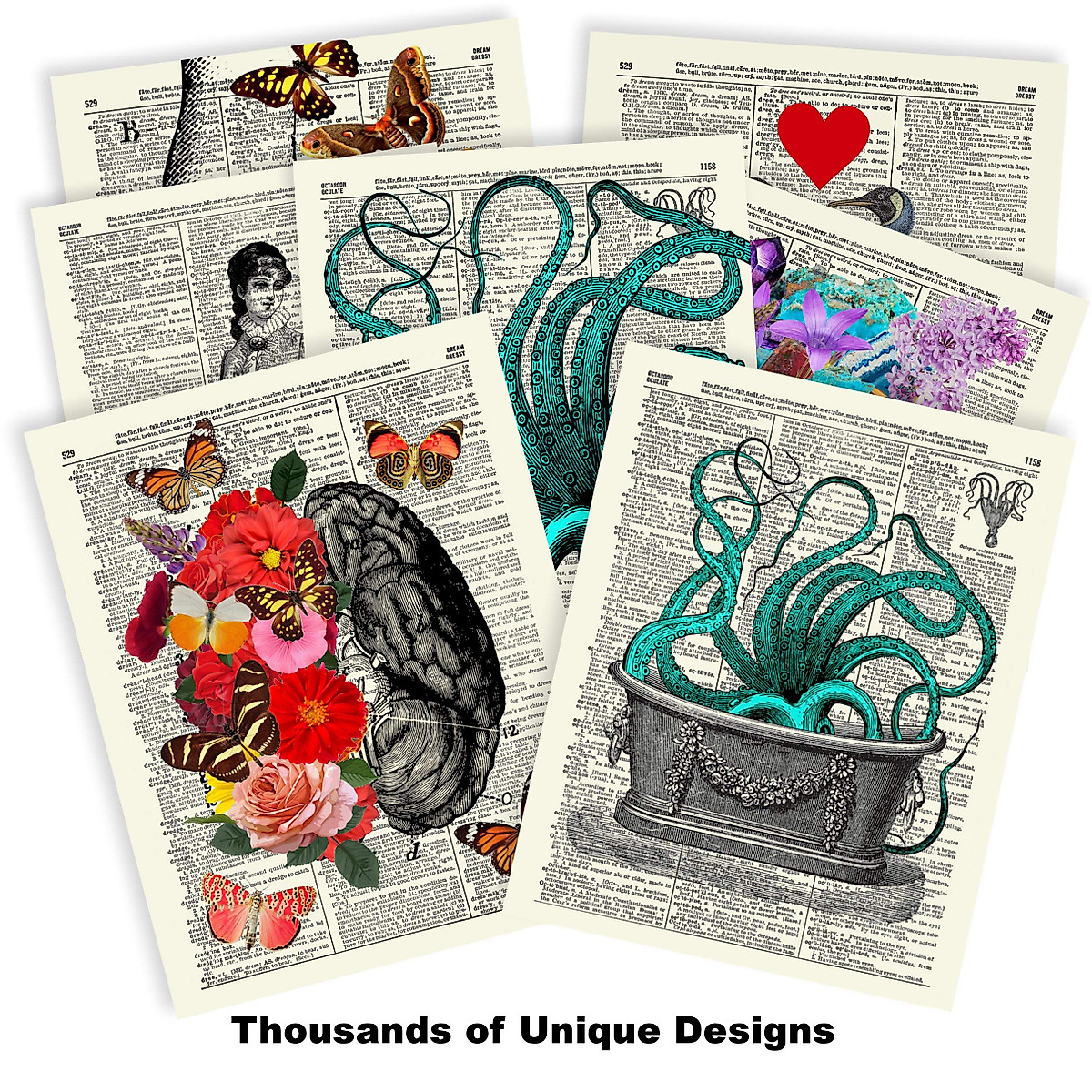 Blue Octopus (#2), Vintage Dictionary Art Print, Antique Wall Art Home Decor, Modern Boho Poster, Farmhouse Decoration Living Room Bedroom Office 8x10 Inches, Ready To Frame