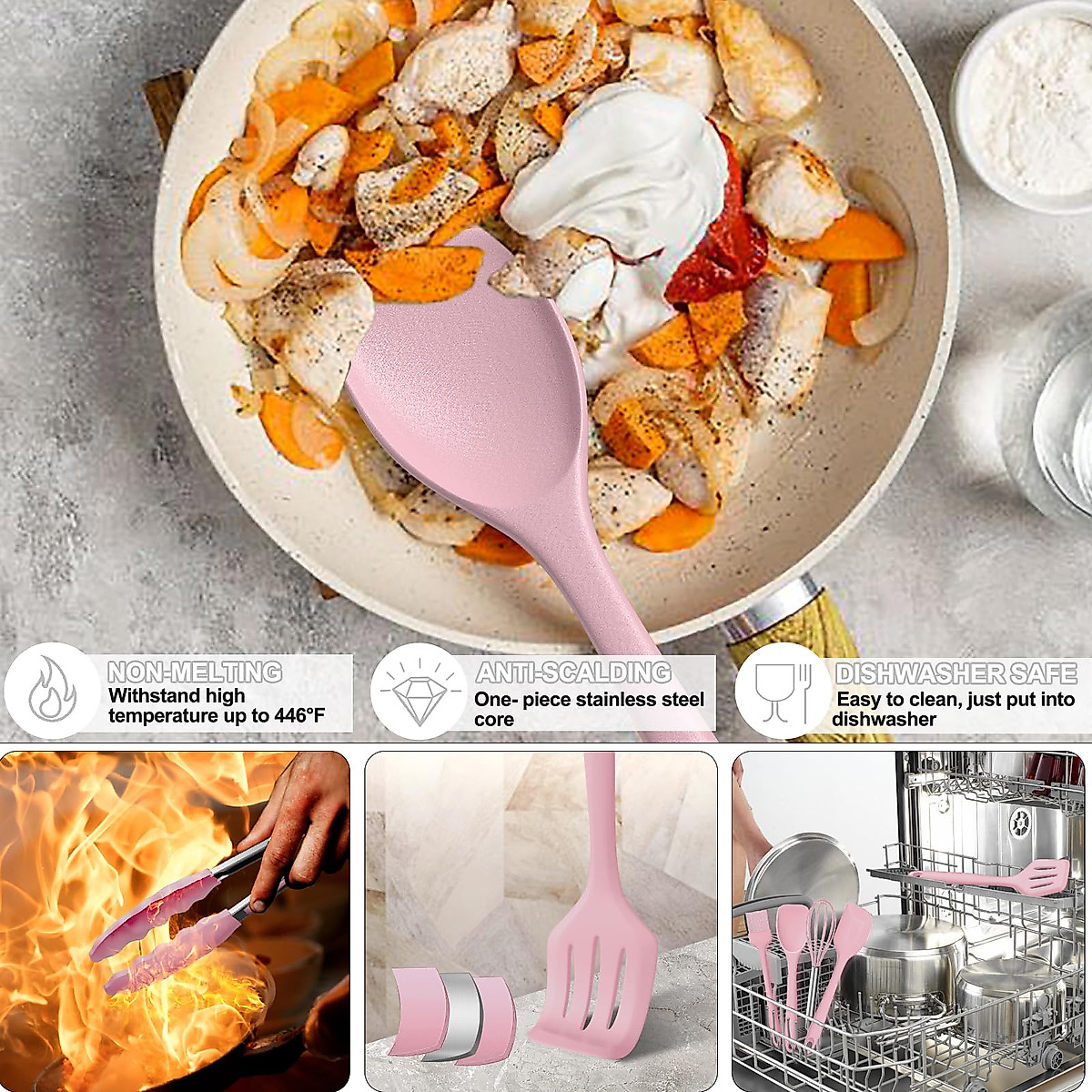 Umite Chef 22Pcs Silicone Cooking Utensils Set, Heat Resistant Silicone Kitchen Spatulas Set with Holder, Cooking Gadgets Tools Set for Nonstick Cookware, Dishwasher Safe(Pink)