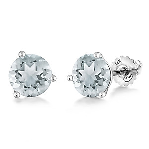 Gem Stone King 14K White Gold Martini Earrings | 3 Prong Screw Back Stud Earrings for Women | Round 6MM | Gemstone Birthstone | White Gold Earrings for Women