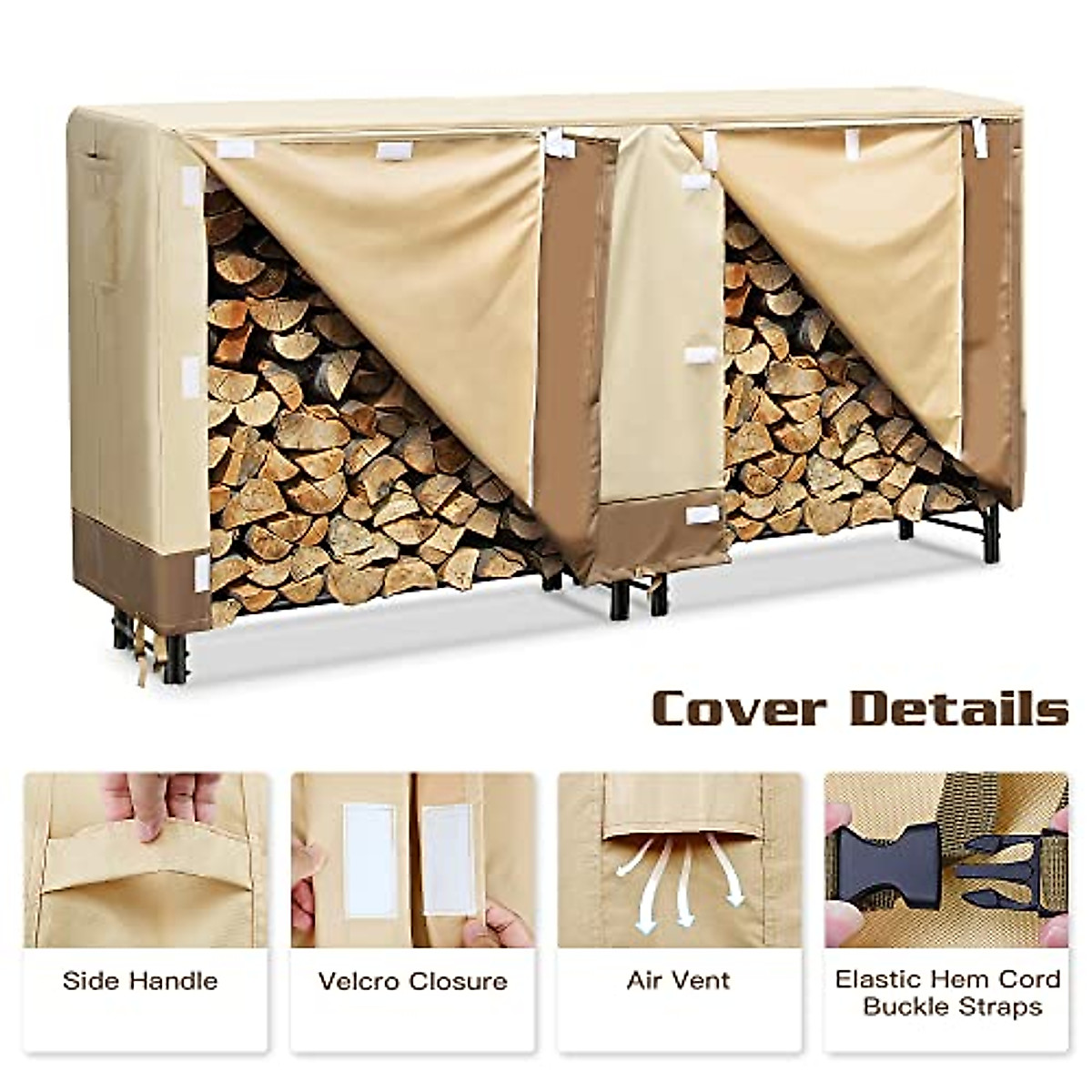 dnswez 8ft Firewood Rack Cover, 600D Oxford Heavy Duty, Weatherproof & Waterproof with Black Storage Bag - Indoor/Outdoor Protection (96" L x 24" W x 42" H)