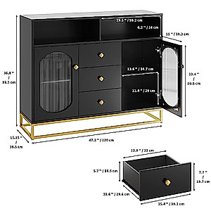 finetones Sideboard Buffet Cabinet with Storage, 47.2" Large Kitchen Storage Cabinet with 3 Drawers and 2 Glass Doors, Buffet Cabinet Buffet Table Coffee Bar Cabinet for Kitchen, Dining Room, Black