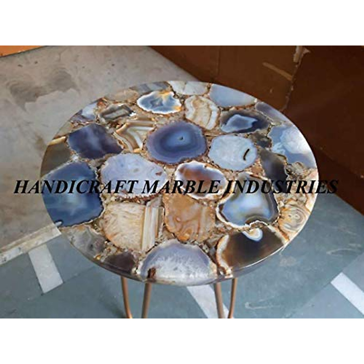 Agate Table With Metal Stand, Natural Agate Table, Round Agate Stone Table, Centerpiece, Agate Side Table 24" Inch