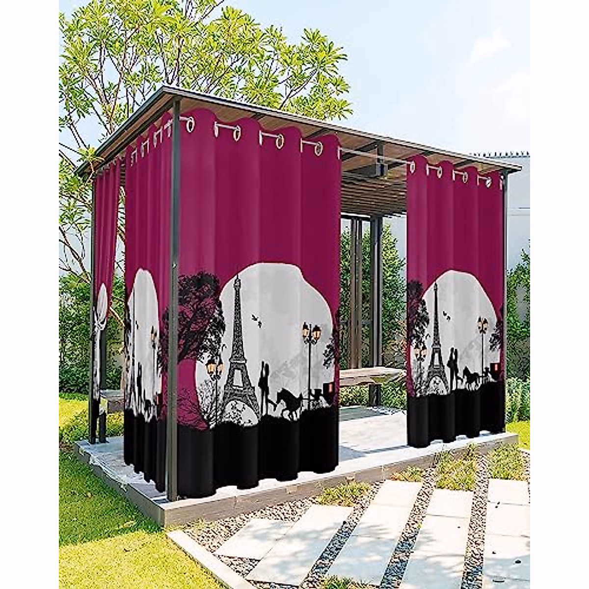Outdoor Curtains for Patio 2 Panels Set Lovers Carriage and Eiffel Tower Under the Moon Waterproof Privacy Outside Curtain Sun Blocking Grommet Drapes for Porch Gazebo Pergolas Balcony 52x84 Inch