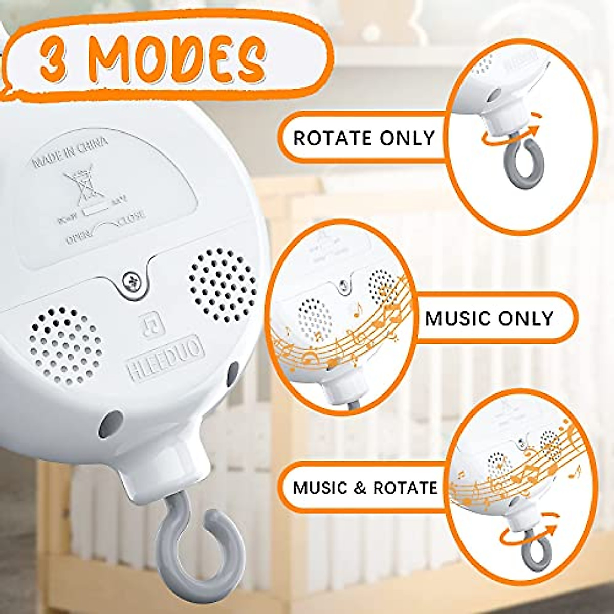 FEISIKE Crib Mobile Motor, Baby Music Box Spinner with 3 Modes（Turn & Music,Turn Only, Music Only) Volume Control,12 Lullabies,Portable Sound Machine,Auto-Off 30 Minutes, Battery Operated