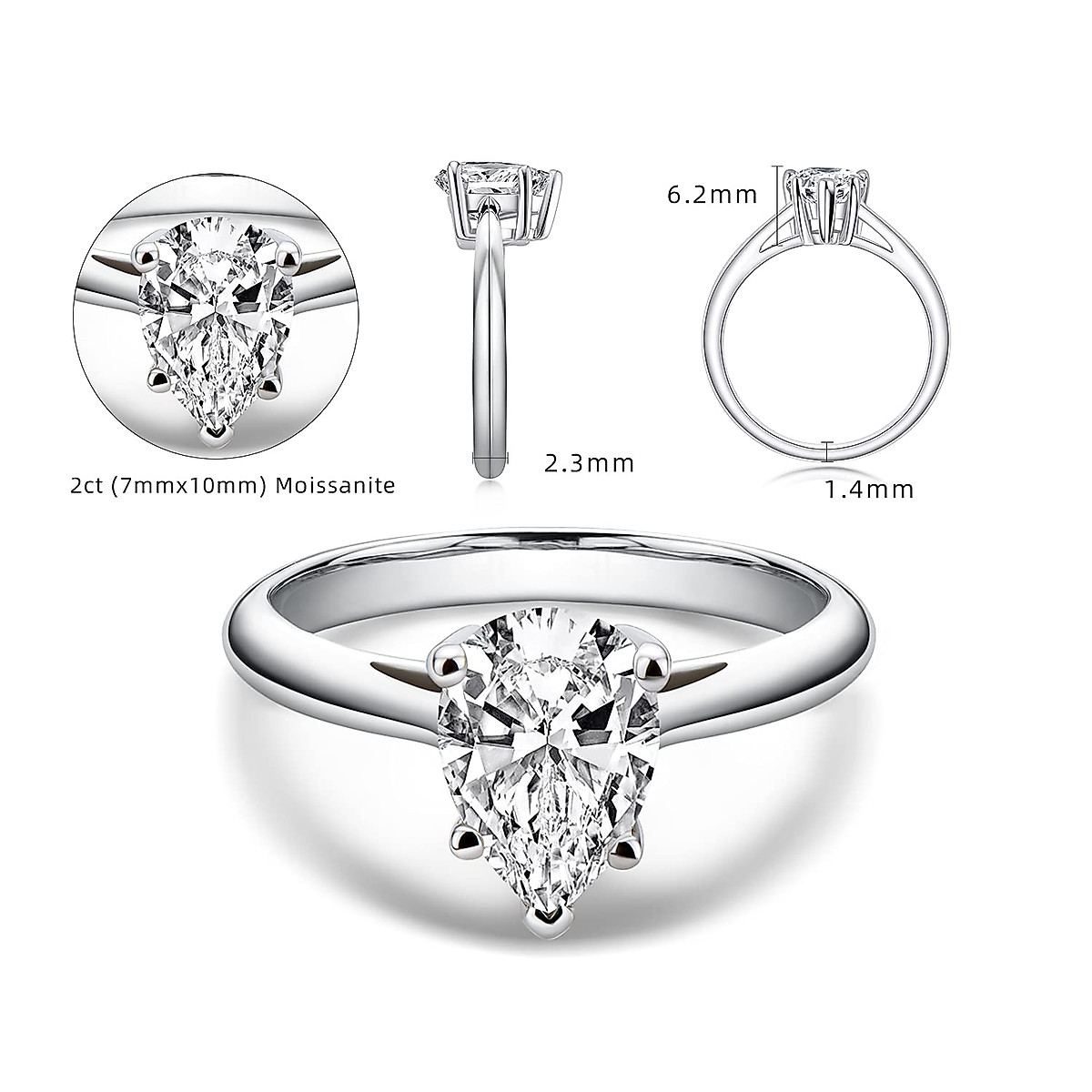 AINUOSHI Sterling Silver Moissanite Diamond Ring, 2.0ct Pear Shaped Wedding Ring, D-E Color Grade, Perfect for Wedding, Engagement Proposal and Anniversary. Size 4.0 In US