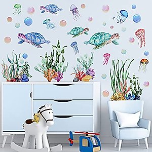 Under The Sea Wall Decals Sea Turtle Seaweed Wall Stickers Kalolary 3D Under The Sea Coral Reef Ocean Grass Bubbles Wall Decals Wall Decoration for Wall Corner Nursery Room Children Bedroom Bathroom Living Room