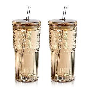 Joeyan 22 oz Amber Glass Tumbler with Straw and Lid for Iced Tea Coffee Smoothie Water Juice Beverages Soda,Ribbed Glasses Cups,Borosilicate Drinking Jar,Set of 2,Dishwasher Safe