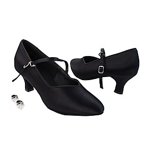 Very Fine Dancesport Shoes Ladies' Standard & Smooth Closed Toe Dance for Salsa Latin Tango Ballroom Dancing with Ankle Strap 2 in Slim Heel 1 Pair of Protectors Bundle (Black Satin, Numeric_9)