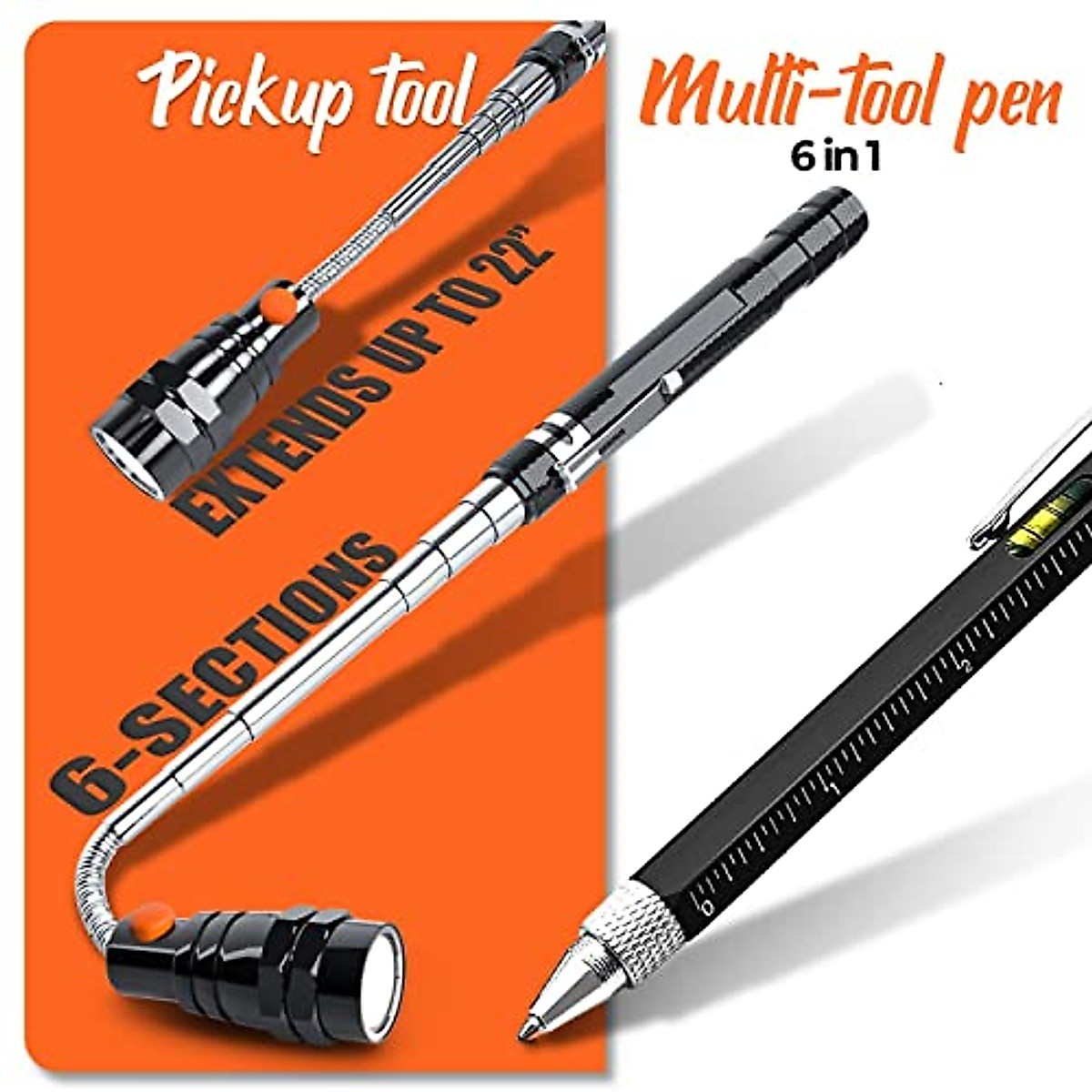 Telescoping Magnetic Pickup Tool, 6 in 1 Multi Tool Pen with Touchscreen Stylus, Ruler, Phillips Screwdriver, Flathead, Ballpoint Pen, Cool Gadgets Birthday Gifts for Men, Husband, Boyfriend
