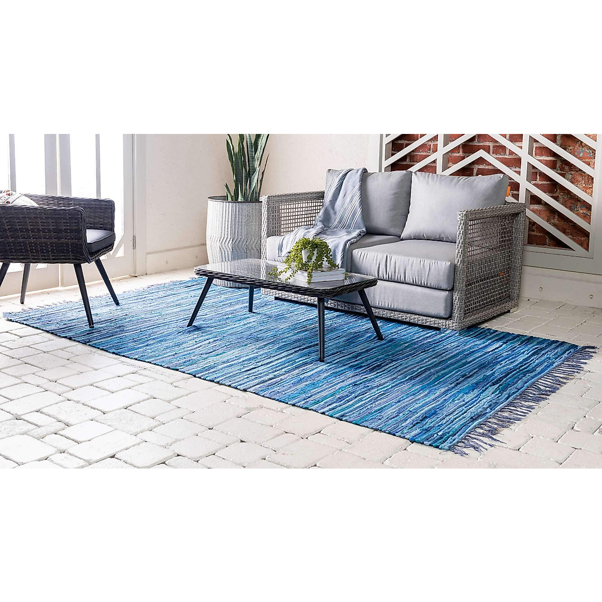 Unique Loom Chindi Cotton Collection Soft Hand Woven Natural Fiber Striped Area Rug, 2 ft 2 in x 3 ft, Navy Blue/Ivory