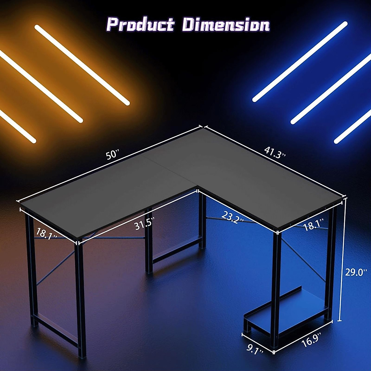 L-Shaped Wooden PC Desk for Gaming and Work - 50 Inch Writing Space-Saving Corner Table with CPU Storage Shelf, Side Bag, Home, Office, Black