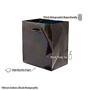 Black Gift Bags - 12 Pack Extra Small Metallic Holographic Paper Shopping Bags with Handles, Mini Gift Wrap Euro Totes for Birthdays, Tiny Party Favor Bags for Presents, Holidays Bulk - 4x2.75x4.5