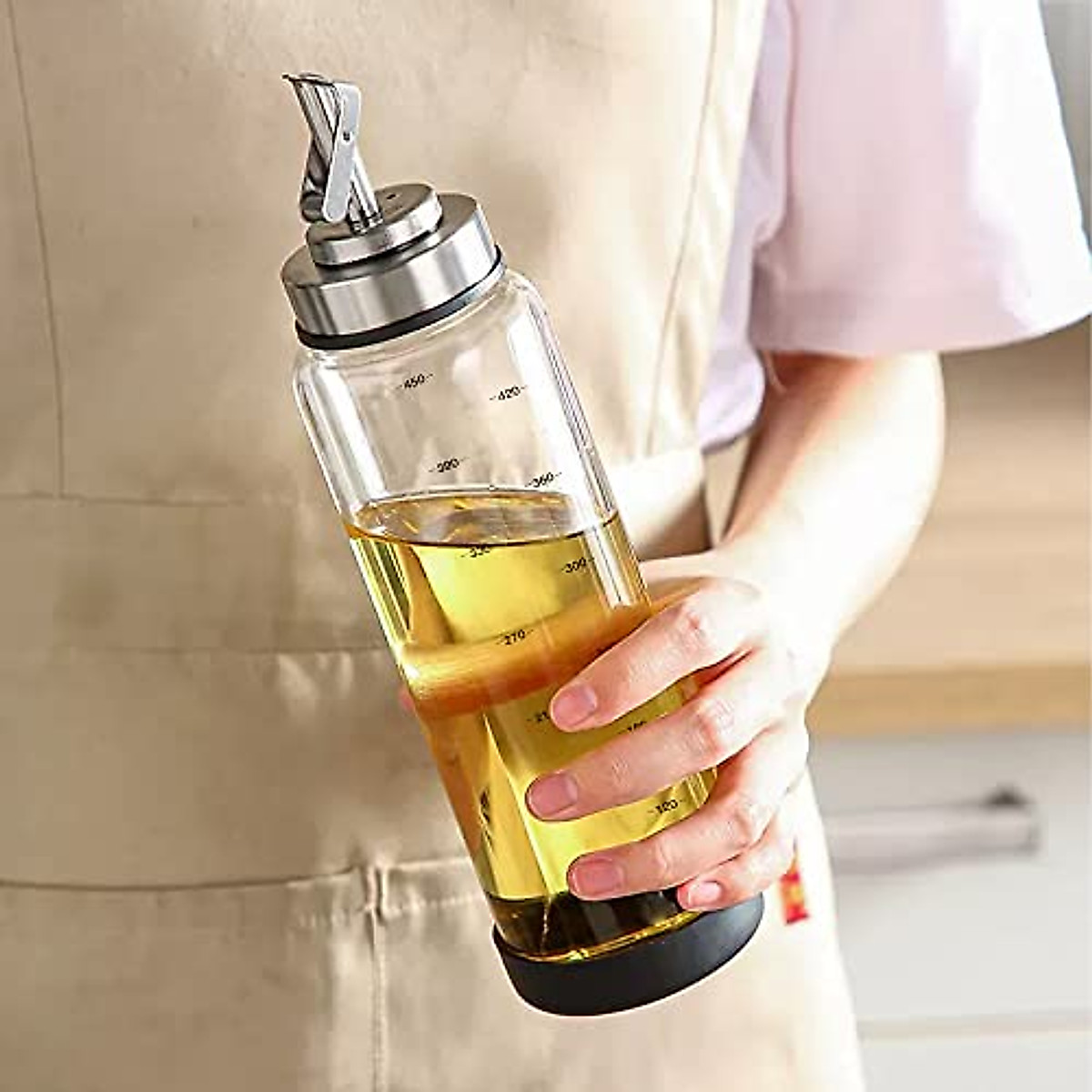 Suli Glass Olive Oil Dispenser Bottle -2 Pack17oz Oil and Vinegar Cruet Set with Steel Spouts and Labels for Kitchen Cooking, Salad Dressing, and BBQ (Silver)