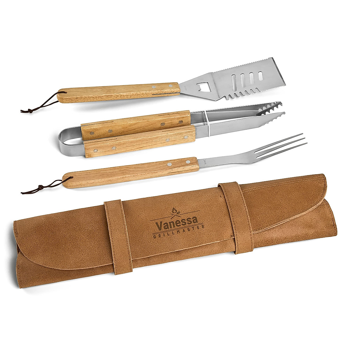 BBQ Tool Set in Buffalo Leather Cover with Name and/or Text - Personalized Leather Cover with Barbecue Tools, Engraved Cover with BBQ Set for Men and Women (Brown, Cognac)