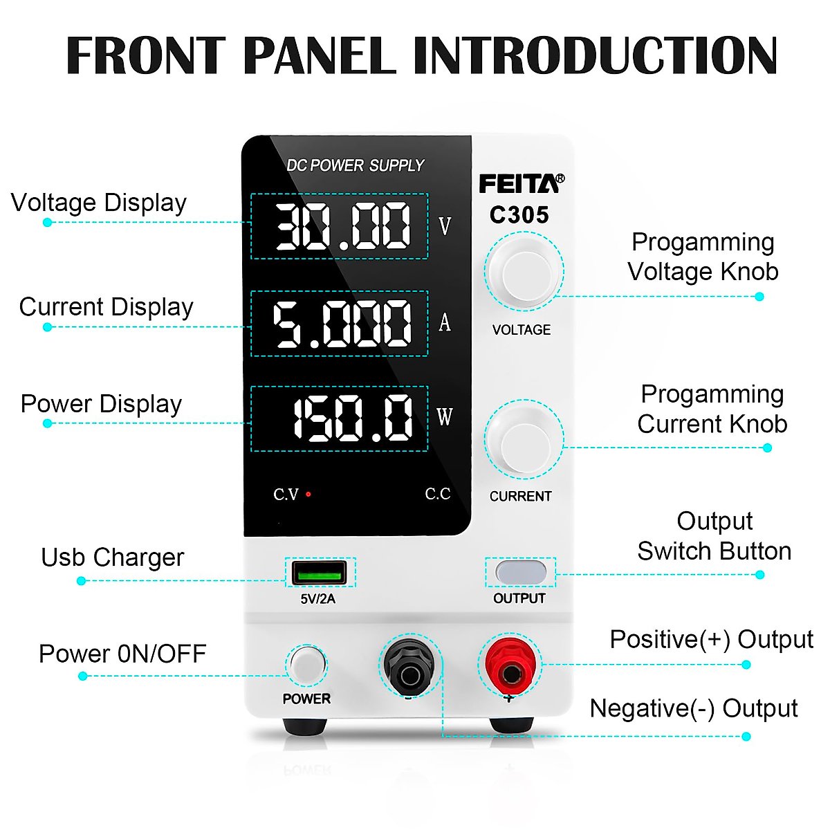 FEITA C305 DC Power Variable Supply Adjustable 30V 5A High Precision Bench Lab Power Supplies Programmable with Output Switch, 5V/2A USB Interface for Anodizing & Electroplating Kit