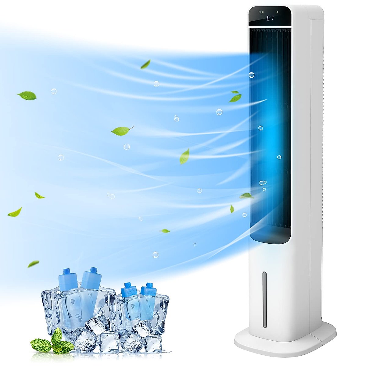 2-In-1 Evaporative Air Cooler - 41” Quiet Cooling Tower Fan Humidifier Portable Swamp Cooler with Bladeless Design, 60° Oscillation, Remote Control, 3 Modes and 3 Wind Speeds, 12H Timer, 4 Ice Boxes