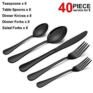 Homikit 40-Piece Black Silverware Flatware Set for 8, Stainless Steel Eating Utensils Cutlery Includes Knives/Spoons/Forks, Tableware for Home Restaurant Party, Dishwasher Safe, Mirror Polished