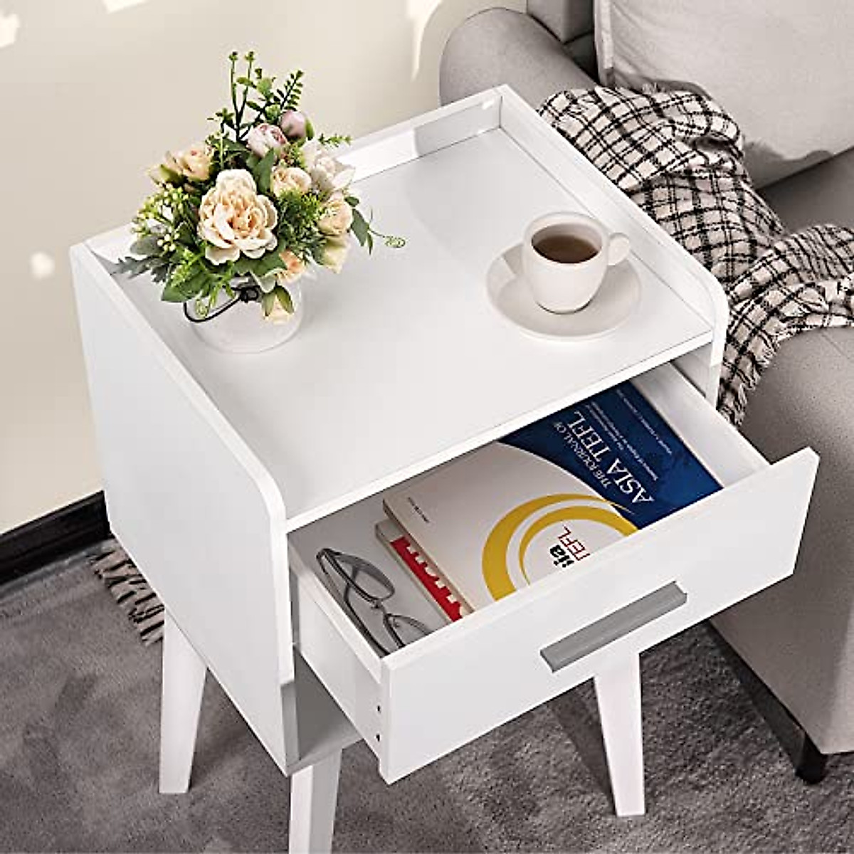 Lerliuo White Nightstand, Modern Bedside Table with Drawer, Wood End Table for Small Space, Side Table with Storage, Night Stand for Bedroom/Living Room/Dorm 26.38''H