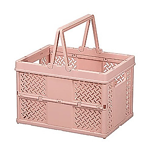moolBeko Foldable Plastic Storage Basket, Outdoor Picnic Basket Portable Carry Basket Vegetable Fruit Basket Folding with Handles (Pink, One Size)