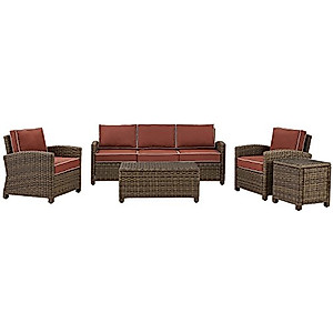 Crosley Furniture Bradenton 5-Piece Outdoor Sofa Patio Furniture Set, Wicker Conversation Sets for Porch, Brown with Sangria Cushions