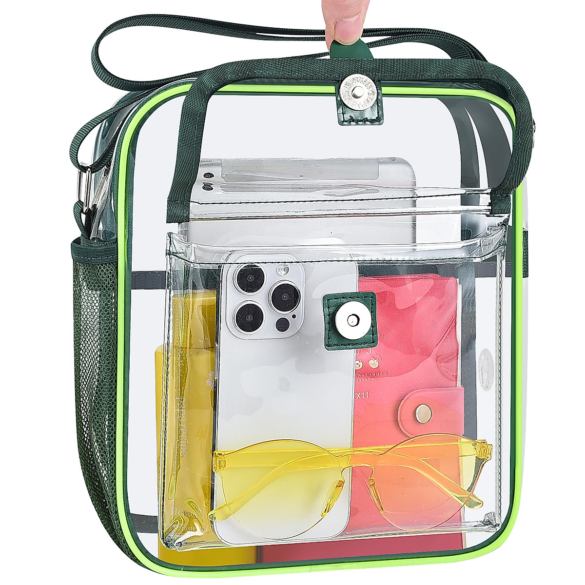 SPODEARS Clear Stadium Tote Bag for Concerts - 10.5"x8.5" Crossbody Purse with Bottle Holder & Adjustable Shoulder Strap, Green