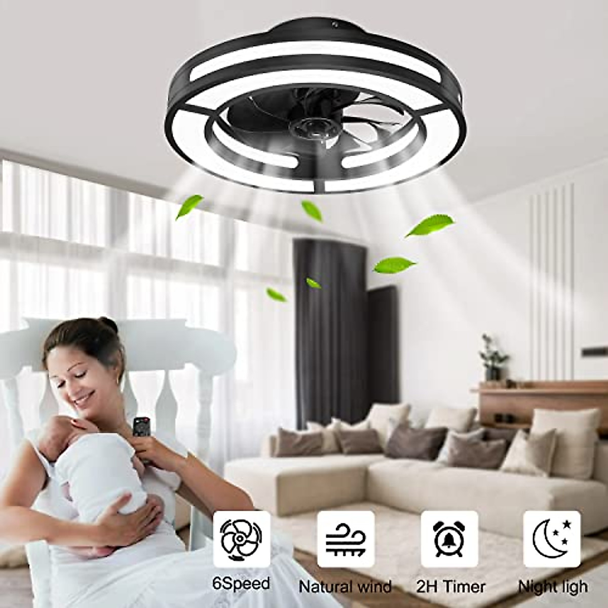 Ohniyou Ceiling Fan with Lights Remote and APP Control,19'' Flush Mount Low Profile Fan,Smart Ceiling Fan with Dimmable LED Night Light Reversible Blades Timing, Enclosed Fan for Bedroom,Living Room