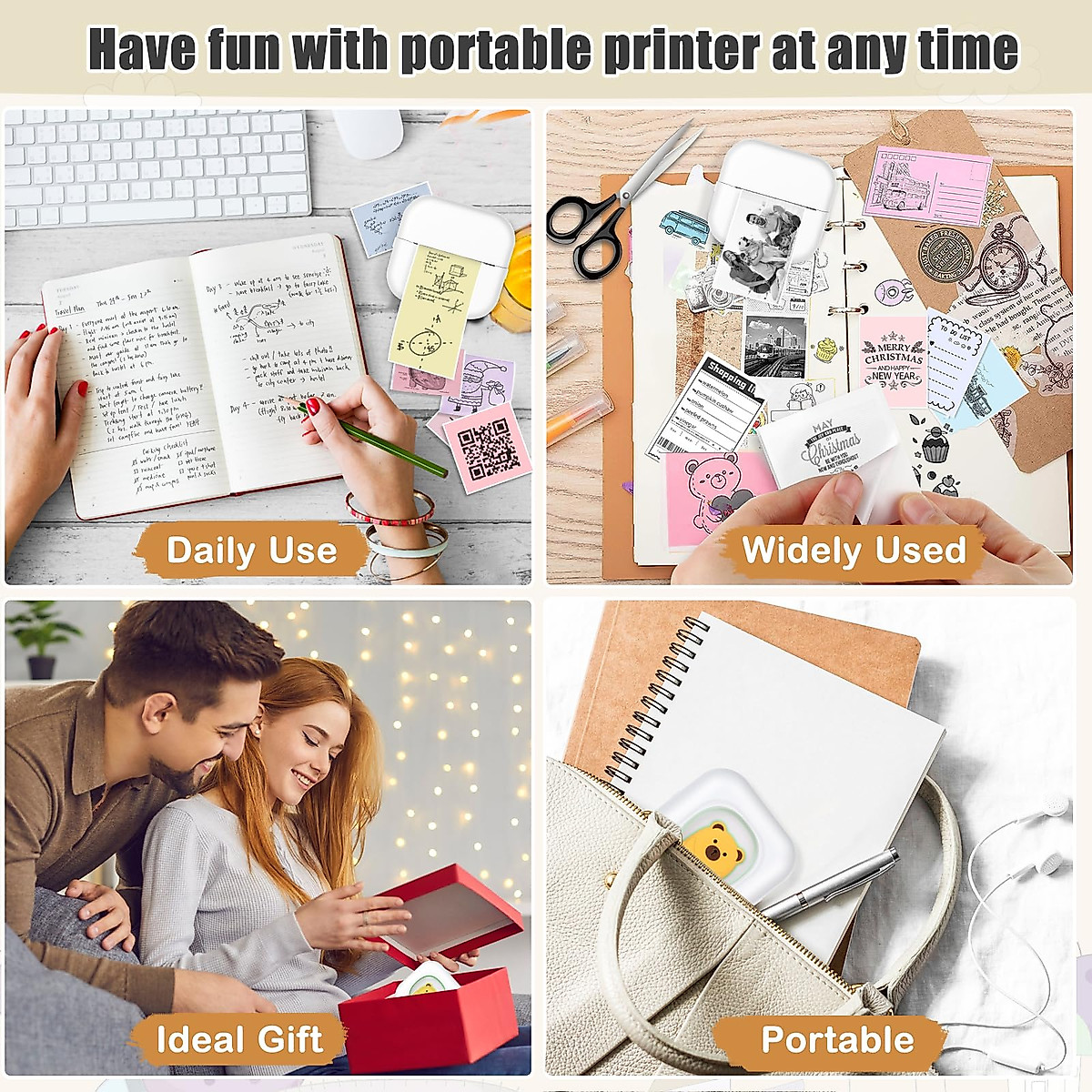 Zeacool Mini Sticker Printer,Mini Pocket Thermal Printer with 11 Rolls Paper,Bluetooth Inkless Printer Compatible with Android & iOS,Portable Receipt Printer for Photo,Notes,Memo,Work,Travel,White