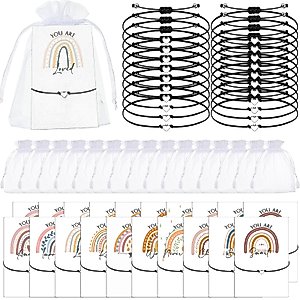 Fumete 20 Sets Inspirational Encouragement Gifts Bulk Employee Appreciation Gift for Women Heart String Bracelets with Cards Bags for Female Coworker Friend(Black)