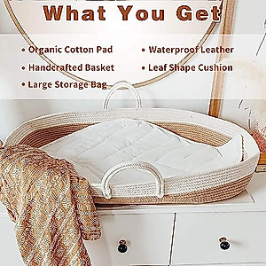 Baby Changing Basket, Portable Cotton Moses Basket for Babies, Nursery Set with Waterproof Leather Pad,Thick Diaper Changing Pad, Leaf Shape Cushion,Storage Bag, Cotton Rope, Changing Table Topper