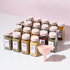 Paris Hilton Glass Spice Jar Storage Set, 4-Ounce Empty Spice Jars with Labels, Shaker Caps and Metal Lids, Collapsible Funnel Included, 20-Piece, Pink