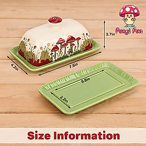 Fungi Fun Mushroom Butter Dish With Lid For Countertop Ceramic Butterdish, Red Mushroom Butter Container, Butter Tray Large Butter Dish Covered (White, Standard)
