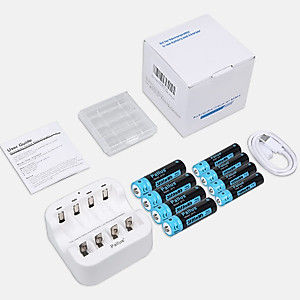 Rechargeable AA AAA Lithium Batteries, 4 Pack 3000mWh Li-ion AA Batteries and 4 Pack 1100mWh AAA Lithium Batteries with Fast Charger