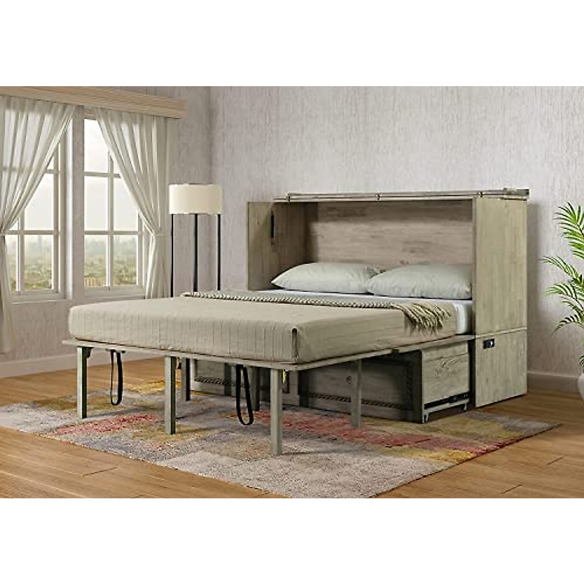 Mega Solutions Venetian Murphy Cabinet Bed with Deepest Storage Drawer On The Market and USB Charging Station (Queen, Antique Oak)