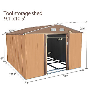 NBTiger 9.1’ x 10.5’ Large Outdoor Storage Shed, Sturdy Utility Tool Lawn Mower Equipment Organizer for Backyard Garden w/Gable Roof, Lockable Sliding Door, Vents, Floor Frame - Coffee