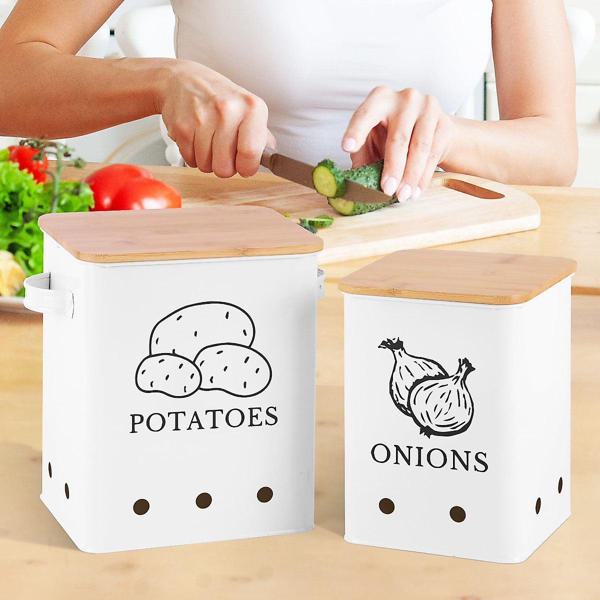 Candco Set of 2 White Vegetable Storage Tins with Wooden Lids for Potatoes, Onions, and Garlic - Long Shelf Life and Convenience