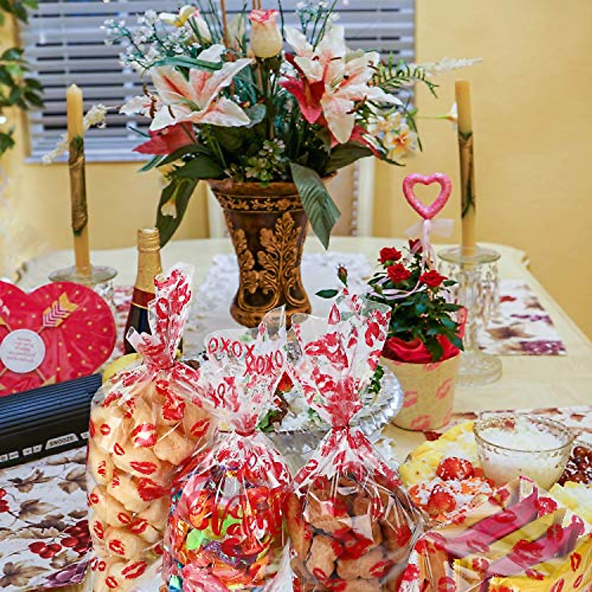 120 Pieces Valentine Cellophane Bags Valentine Gift Bags Valentine Treat Bags Goodies Bags with 150 Pieces Twist Ties for Valentine Party Favor Supplies