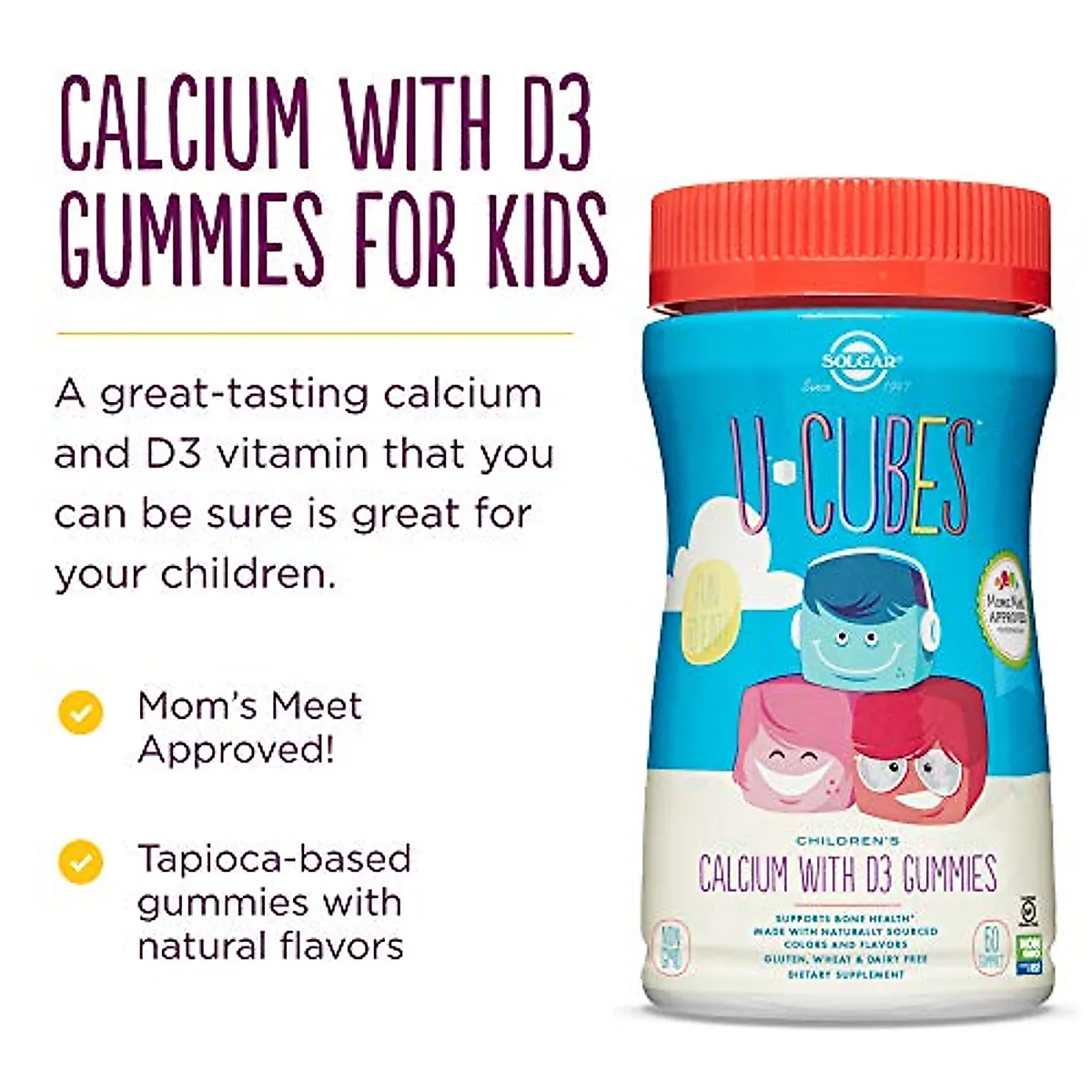 Solgar U-Cubes Children's Calcium with Vitamin D3, 60 Gummies - Strawberry Flavor - Supports Bone & Teeth Health - Non GMO Gluten Free, Dairy Free - 30 Servings
