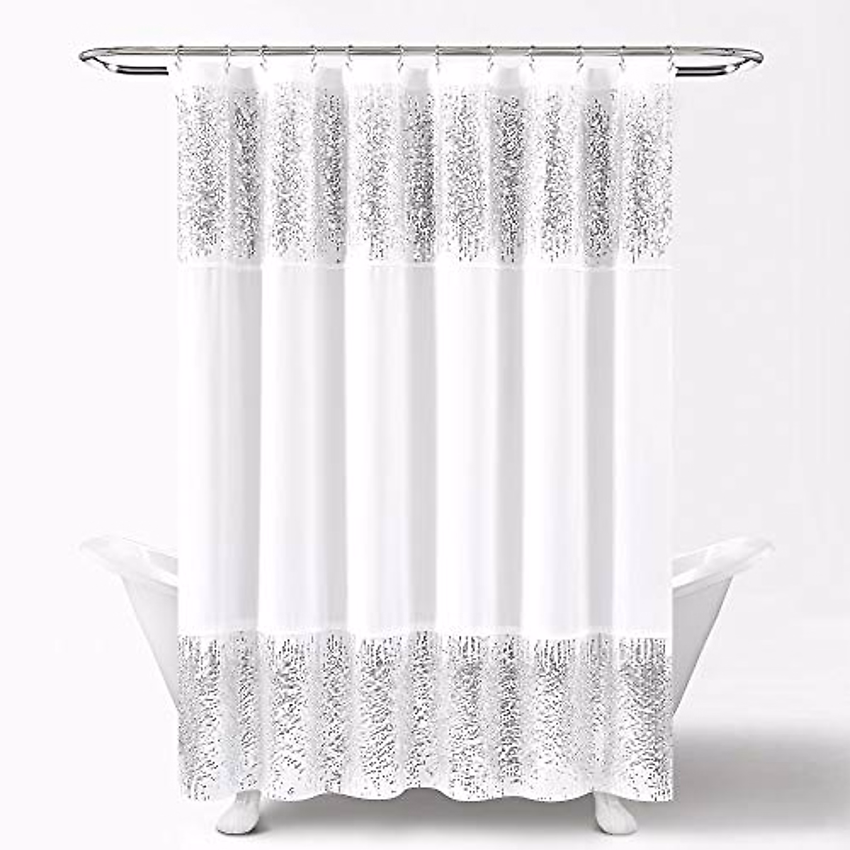 Lush Decor 1 Shimmer Sequins Shower Curtain | Chic Sparkle Design for Bathroom, 70” x 72”, Silver and White, 70" x 72"