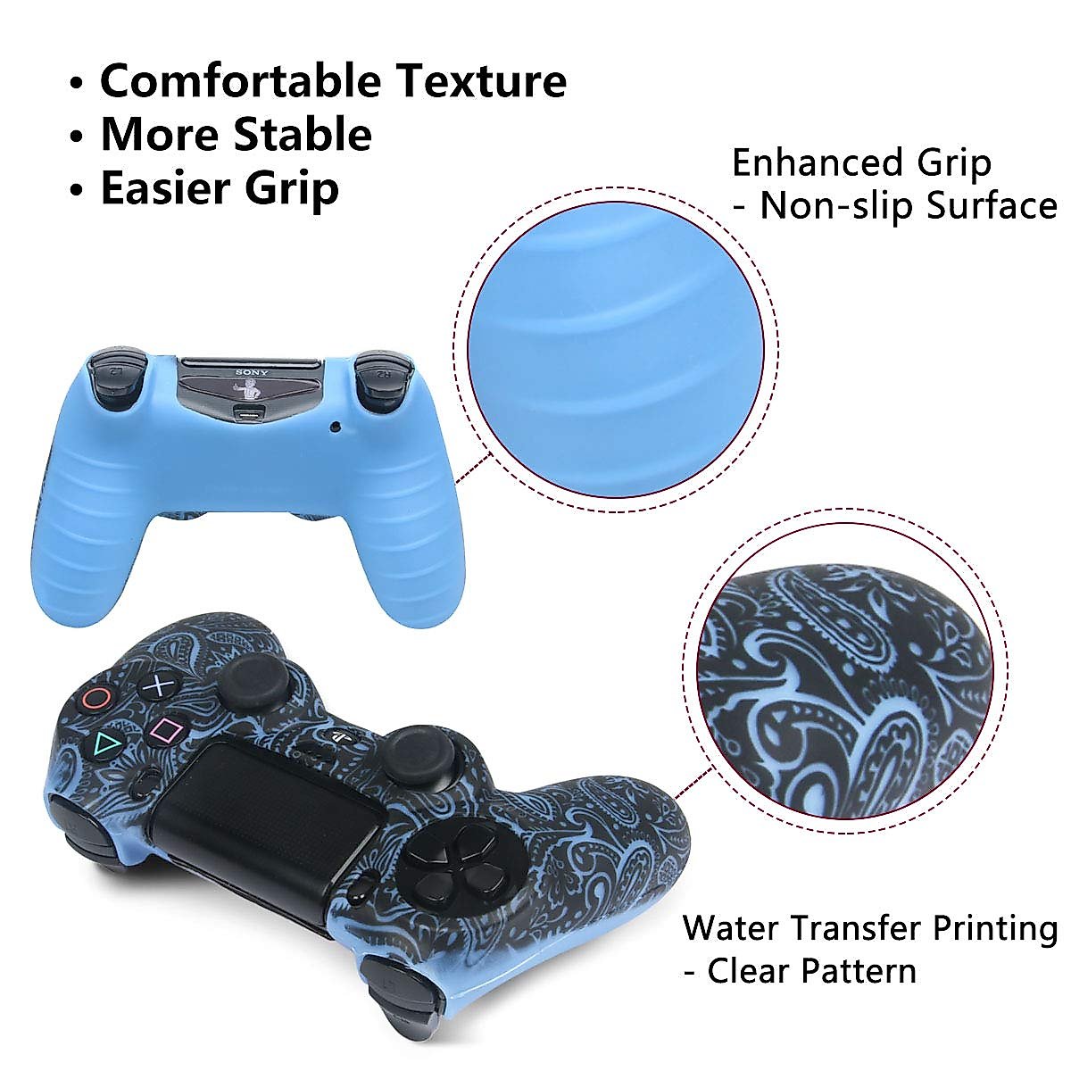 Silicone Controller Covers Compatible with PS4 Controller - 2 Pack of Anti-Slip Protector Controller Skin Case- with 4 Pairs Thumb Grips - Red & Blue