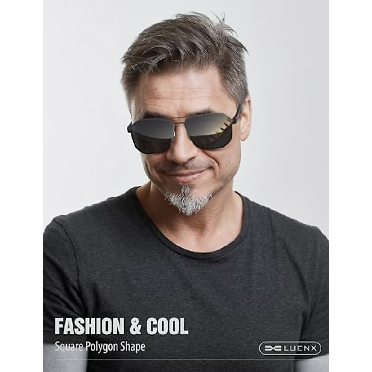 LUENX Aviator Sunglasses for Men Square Polarized Polygon Black Lens Matte Black Frame - UV 400 Protection with Accessories