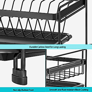 LEACHUTT Dish Drying Rack, 2 Tier Kitchen Dish Rack and Drainboard Set with Utensil, Cutlery and Cup Holder for Countertop, Large Rust-Proof Steel Dish Drainer for Plates, Mugs, Bowls, Knives, Black
