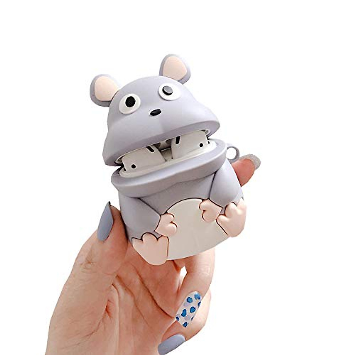 ICI-Rencontrer Compatible with Earbuds Case Airpods 1 & 2, Kids Girls Women 3D Cute Vivid Distinctive Grey Hippo Mice Animals Design Wireless Charging Earphone Soft Silicone Shockproof Protector Hook