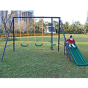 WIIS' IDEA Metal Swing Set for Backyard, Swing Set for Kids Toddler Age 3-8, Outdoor Heavy Duty Extra Large Swing Set with 2 Swing Adjustable Swing Seat, 1 Swing Glider, 1 Slide