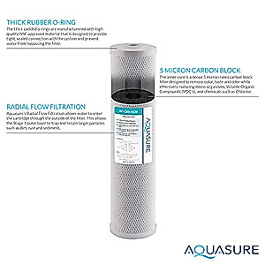 Aquasure Fortitude Dual High Flow Whole House Water Filter with High Capacity Pleated Sediment + 5 Micron Carbon Block - 20" x 4.5"