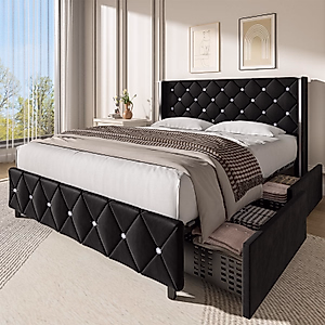 HOMBCK Queen Bed Frame with 4 Storage Drawers,Upholstered Bed Frame with Diamond Headboard and Footboard, Black Velvet Bed Frame with Wingback, Solid Wood Slats, Black