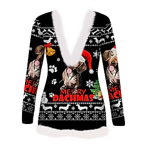 MEOILCE Women’s Christmas Bodysuit Lingerie for Sex Naughty Print Fuzzy Trim Teddy Babydoll Sexy Backless Exotic Pajamas(Black,M)