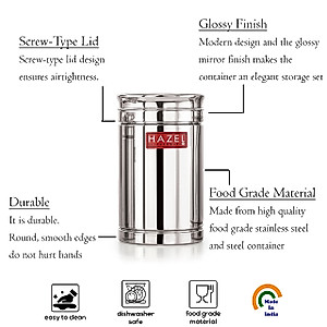 HAZEL Stainless Steel Container Set | 1200 ml Set of 5 Steel Container for Kitchen Storage Set | Air Tight Containers for Kitchen Storage | Ideal for Storing Rice, Cereal, Pulse, Snacks.