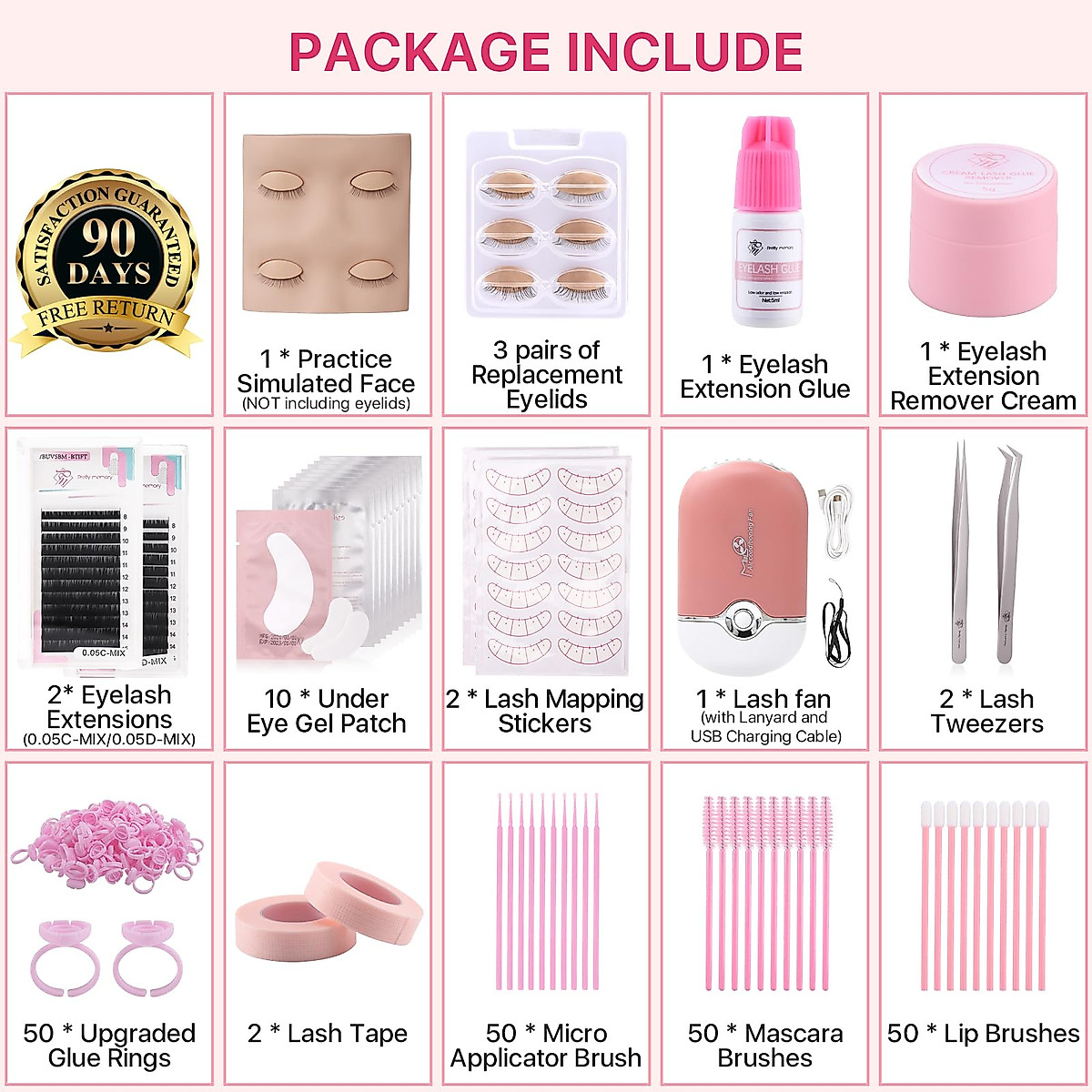 Pretty memory 225 PCS Eyelash Extension Kit with Lash Mannequin Head, Lash Fan, Eyelash Extension Glue, Eyelash Remover Cream, Lash Tweezers, Lash Extension Supplies for Eyelash Extension Practice