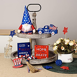 5 Pcs Independence Day 4th of July Tiered Tray Decor Patriotic Gnomes Plush Mini Wood Sign Wooden Stars and Stripes Bead Memorial Day Decorations